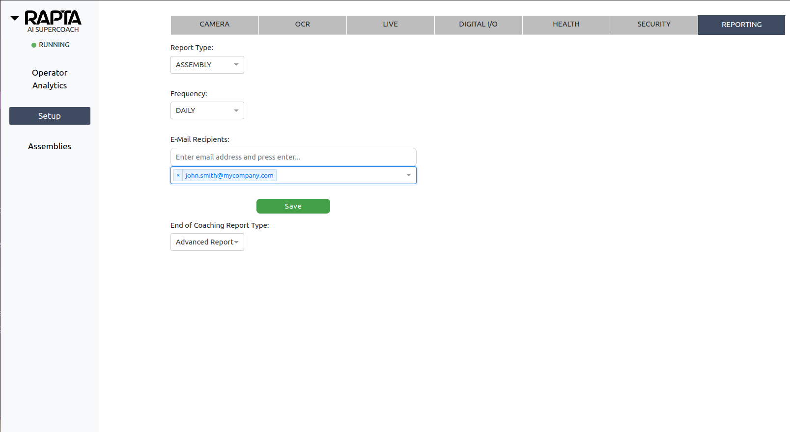 Reporting Configuration - Rapta Inc