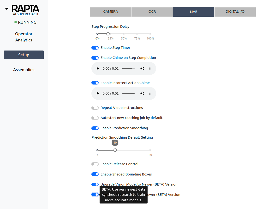 Live configuration options - Rapta Inc